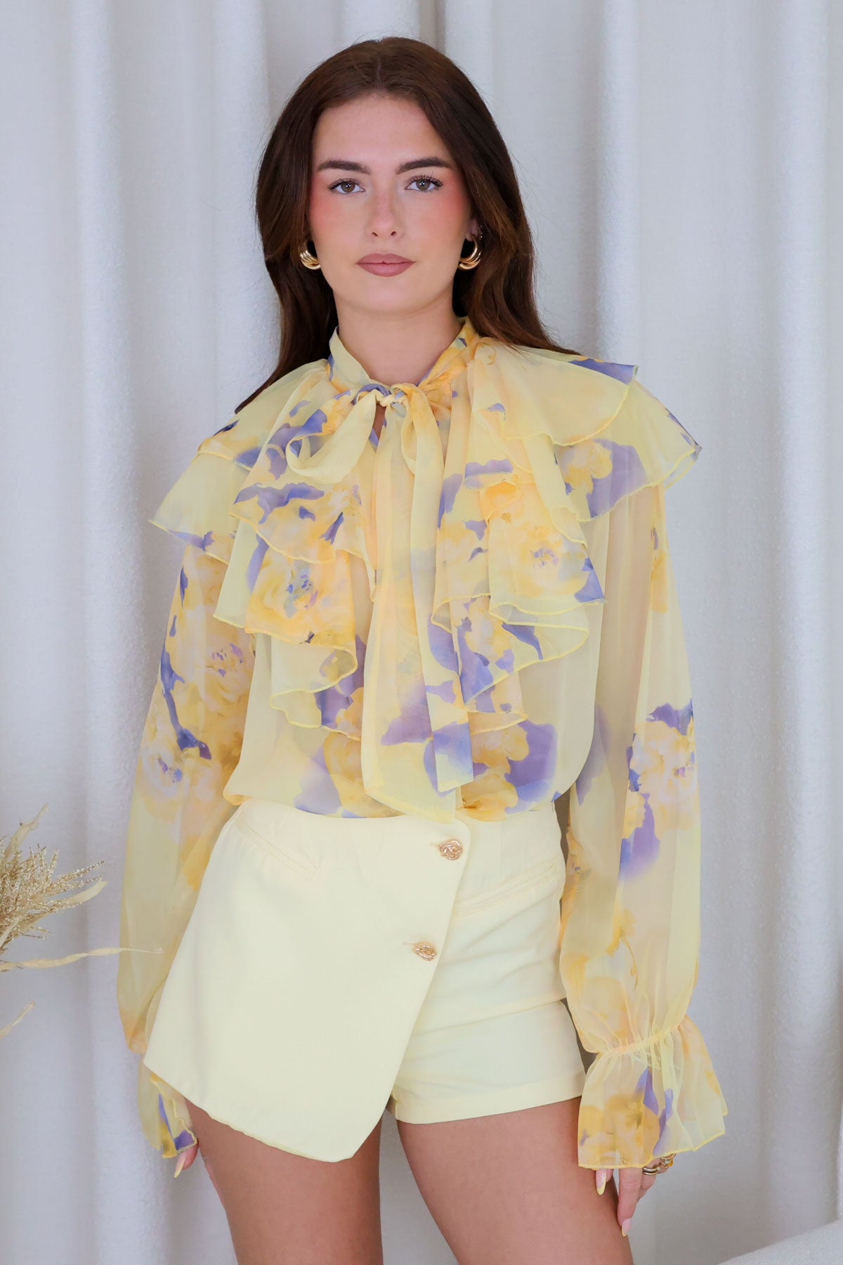 womens Yellow Floral Ruffle Sheer Blouse - Miss Moda Luxe
