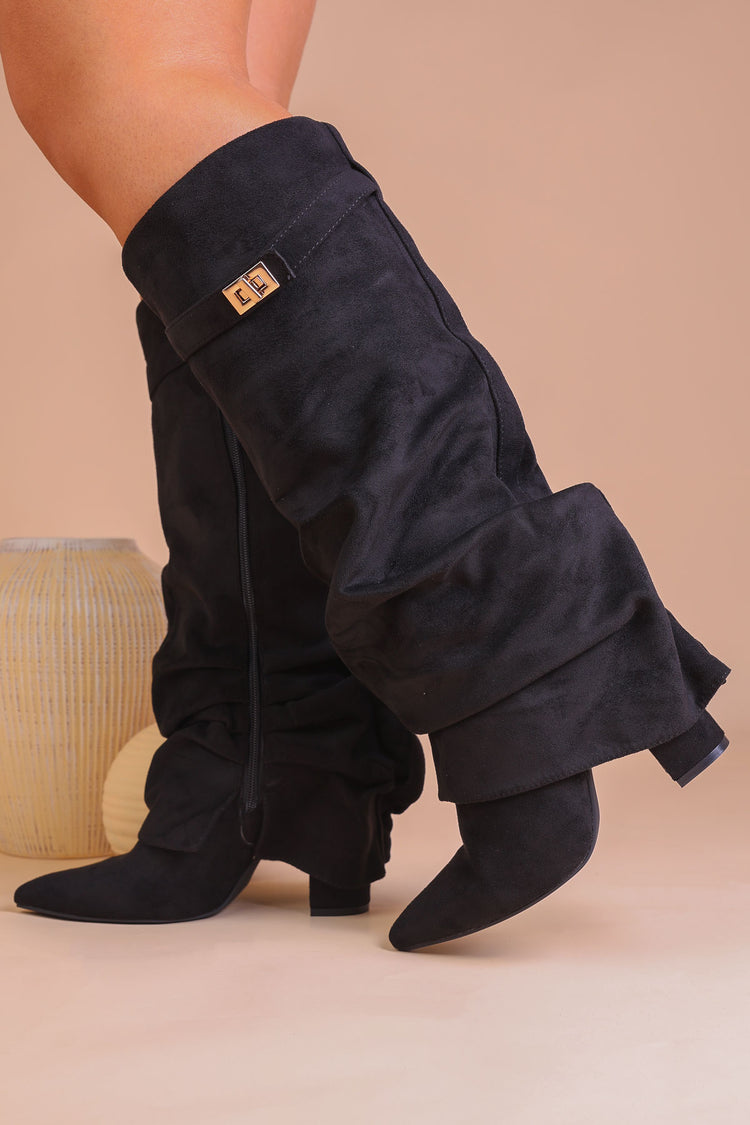 Womens Black Faux Suede Slouchy Fold Over Shark Boots - Miss Moda Luxe