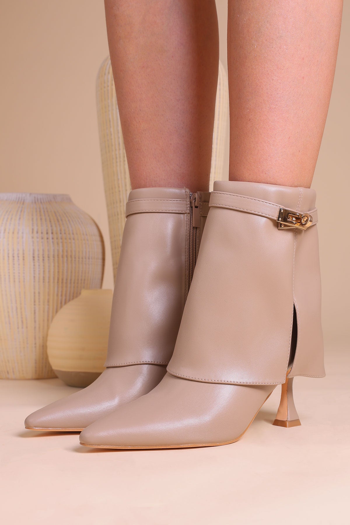 Womens Taupe Shark Fold-Over Pointed Toe Ankle Boots - Miss Moda Luxe