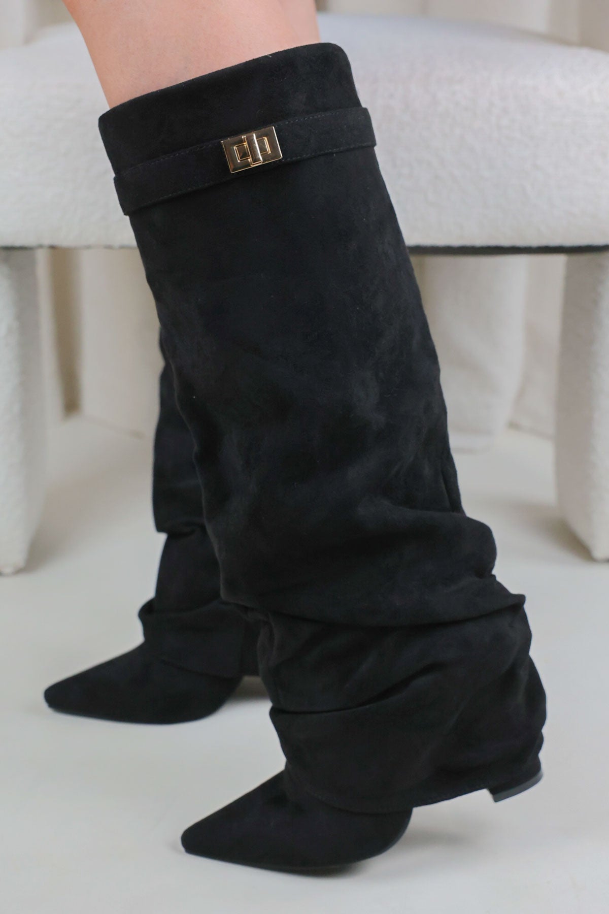 Womens Black Faux Suede Slouchy Fold Over Shark Boots - Miss Moda Luxe