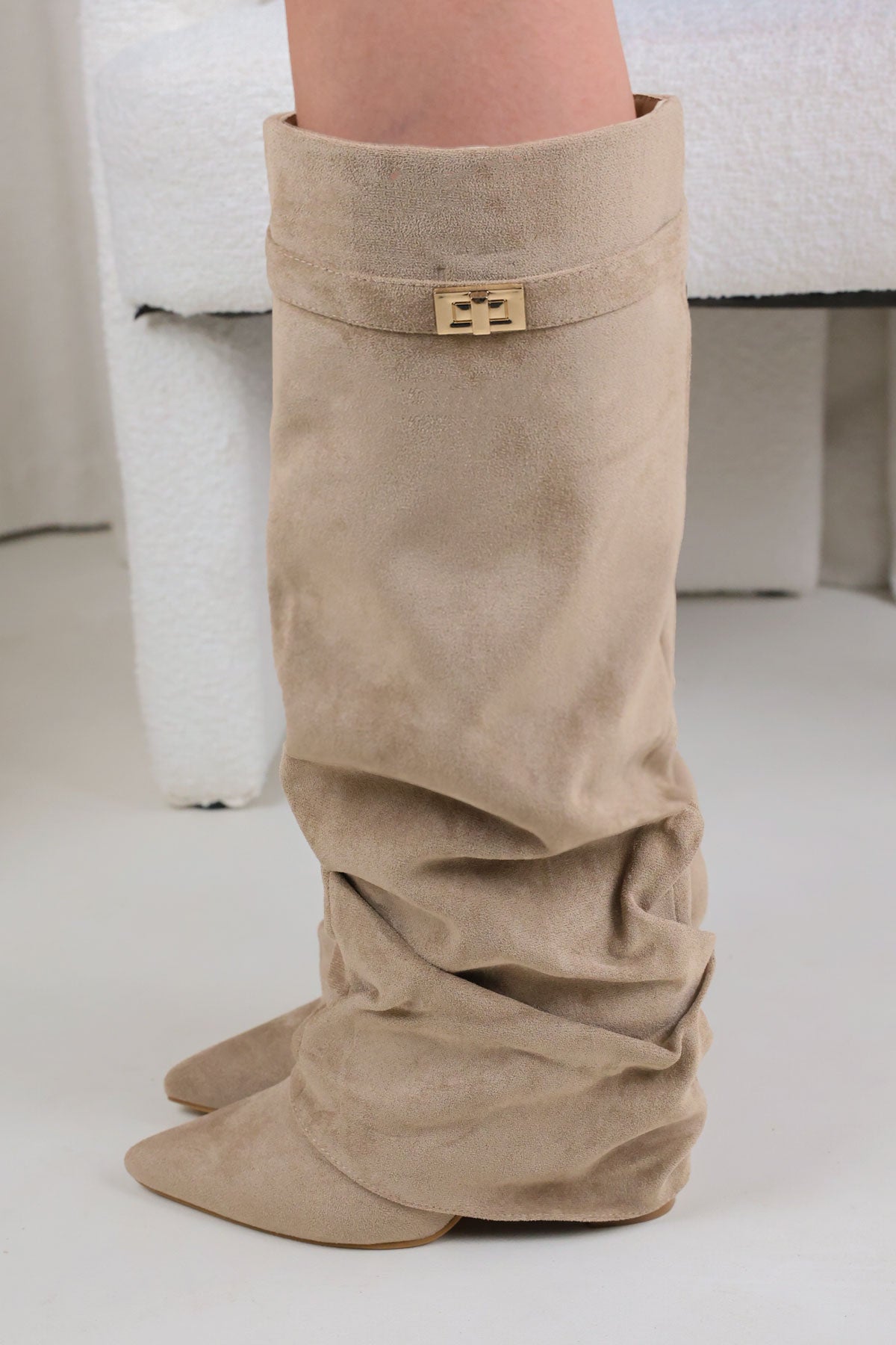 Womens Taupe Faux Suede Slouchy Fold Over Shark Boots - Miss Moda Luxe