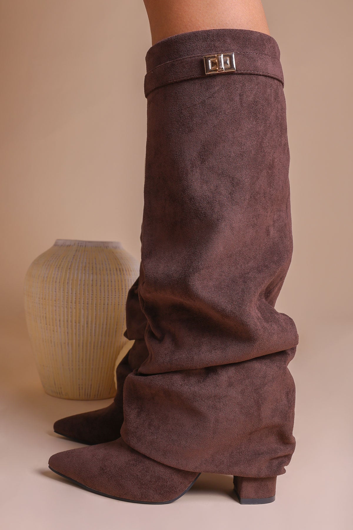 Womens Brown Faux Suede Slouchy Fold Over Shark Boots - Miss Moda Luxe
