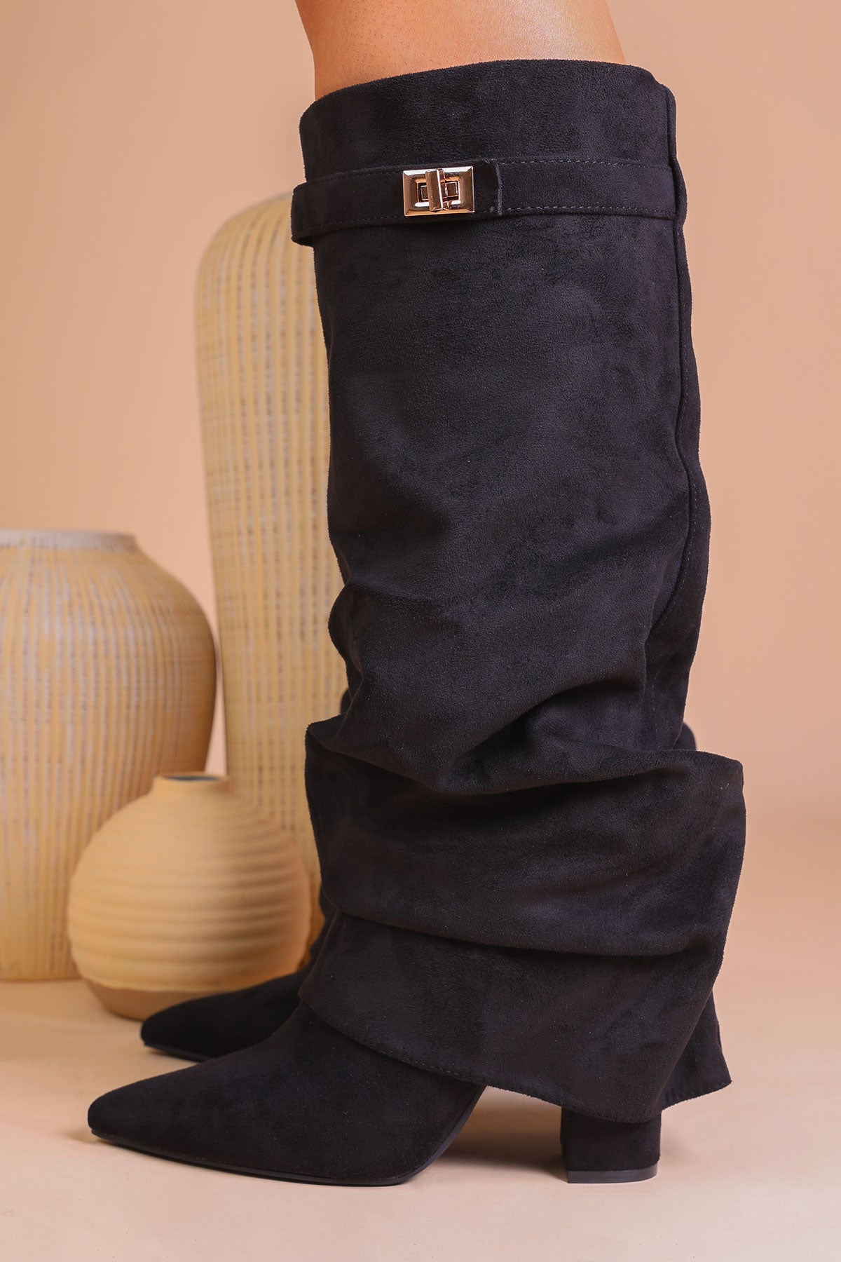 Womens Black Faux Suede Slouchy Fold Over Shark Boots - Miss Moda Luxe