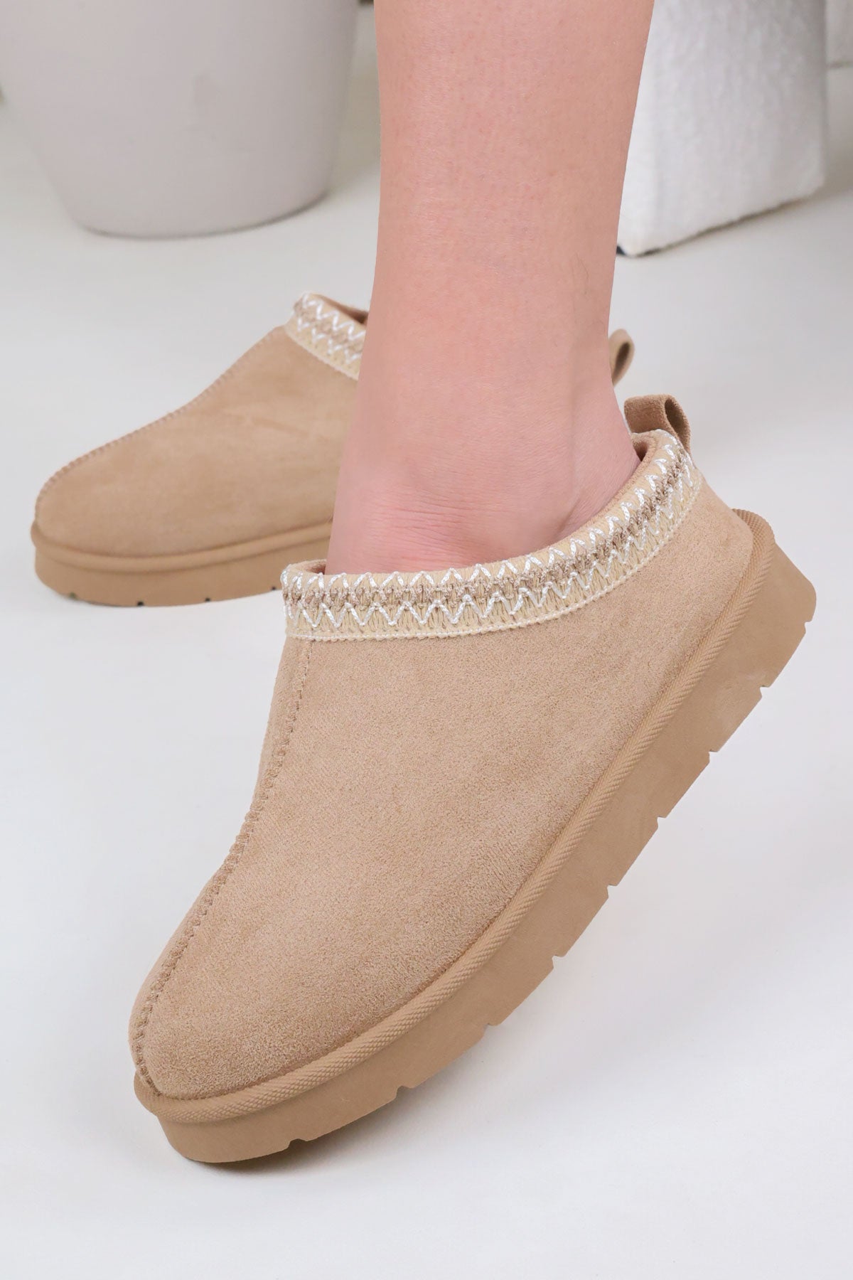 Womens Taupe Cozy Faux Suede Mule Slippers with Aztec Zigzag Stitch ...