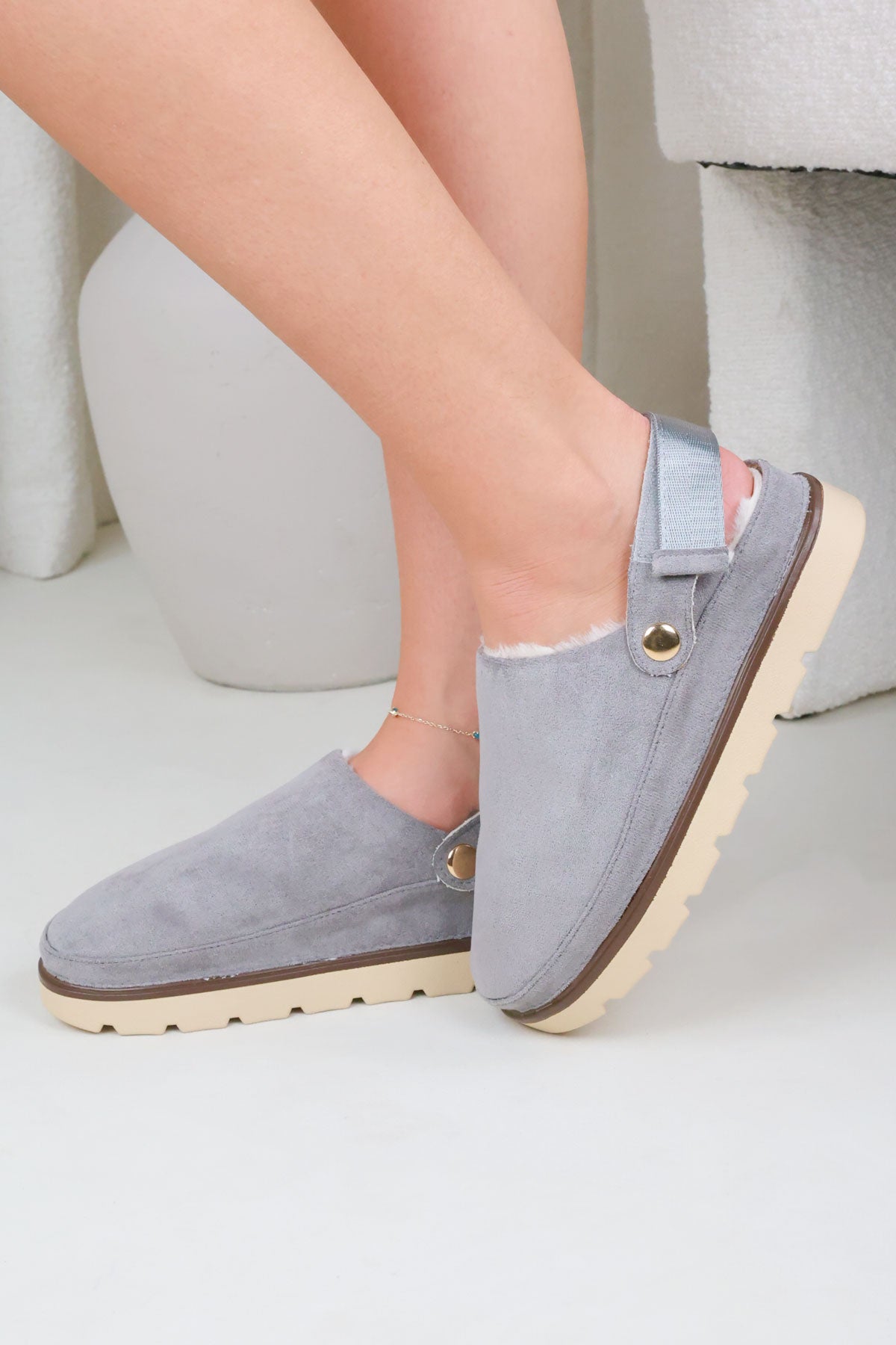 Womens Grey Cozy Faux Fur Lined Mule with Velcro Strap - Miss Moda Luxe