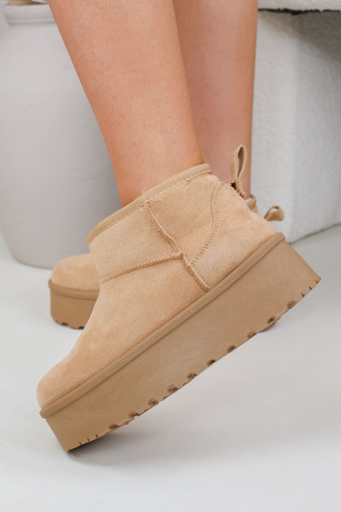 Womens Beige Faux Suede Ladies Fur Lined Mini Ankle Boots - Miss Moda Luxe