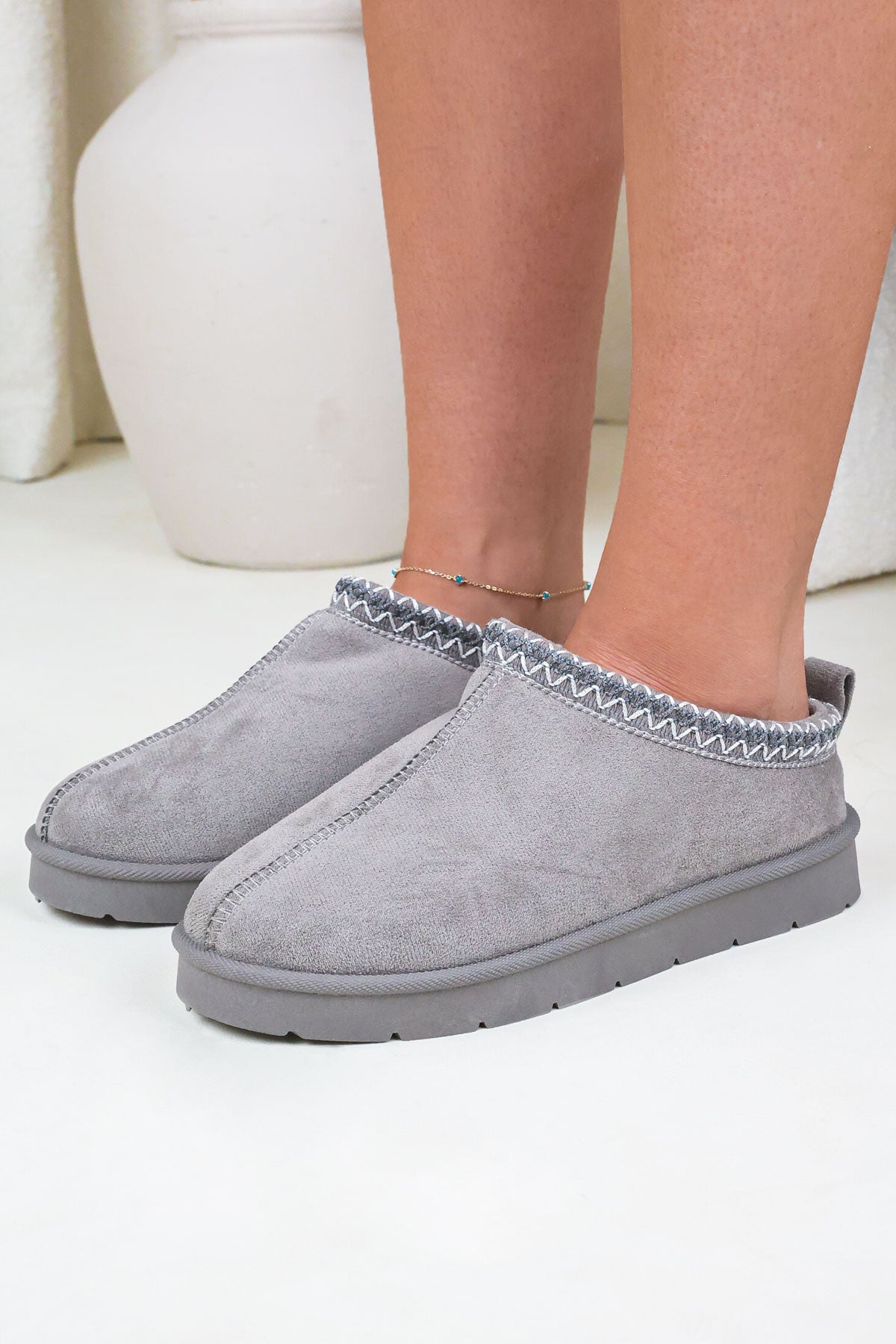 Womens Grey Cozy Faux Suede Mule Slippers with Aztec Zigzag Stitch ...