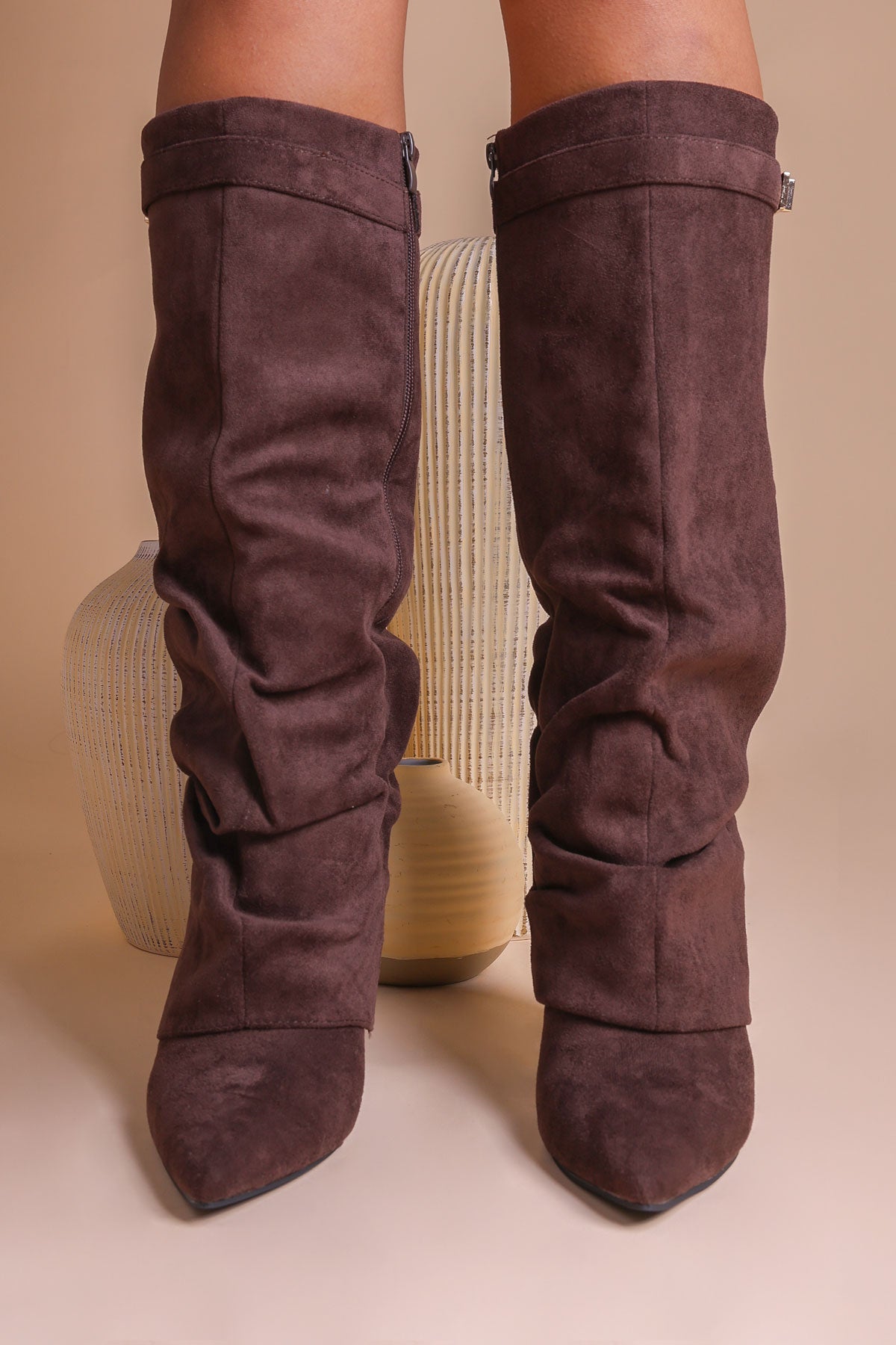 Womens Brown Faux Suede Slouchy Fold Over Shark Boots - Miss Moda Luxe