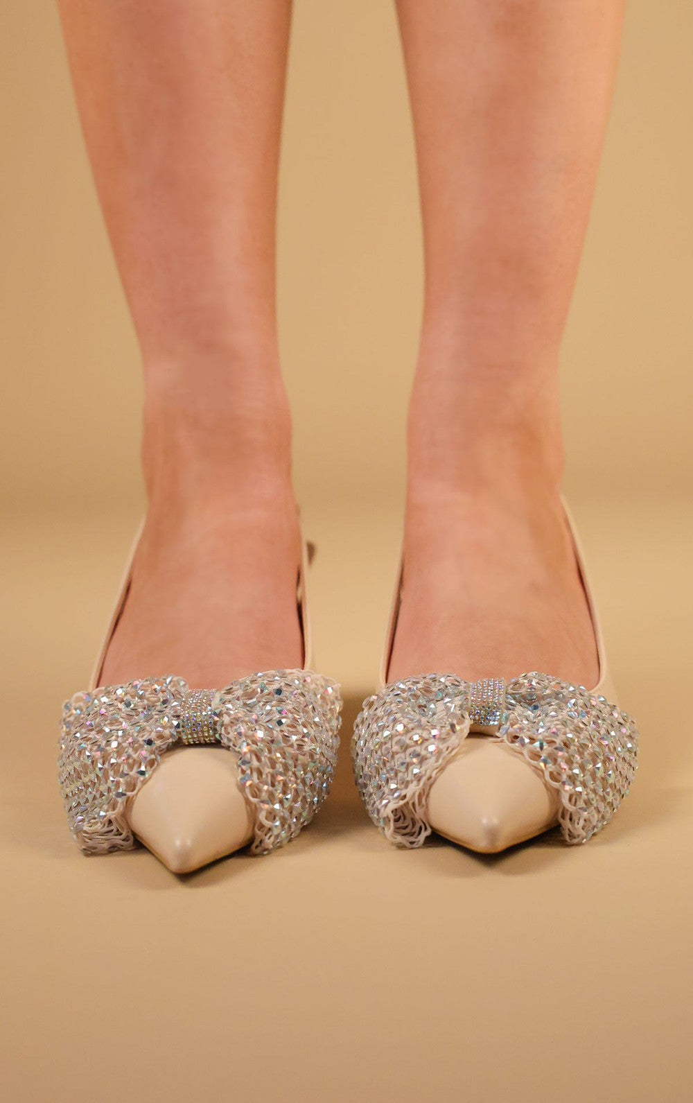 Womens Beige Diamante Bow Design Slingback Kitten Heel Court Shoe - UK ...