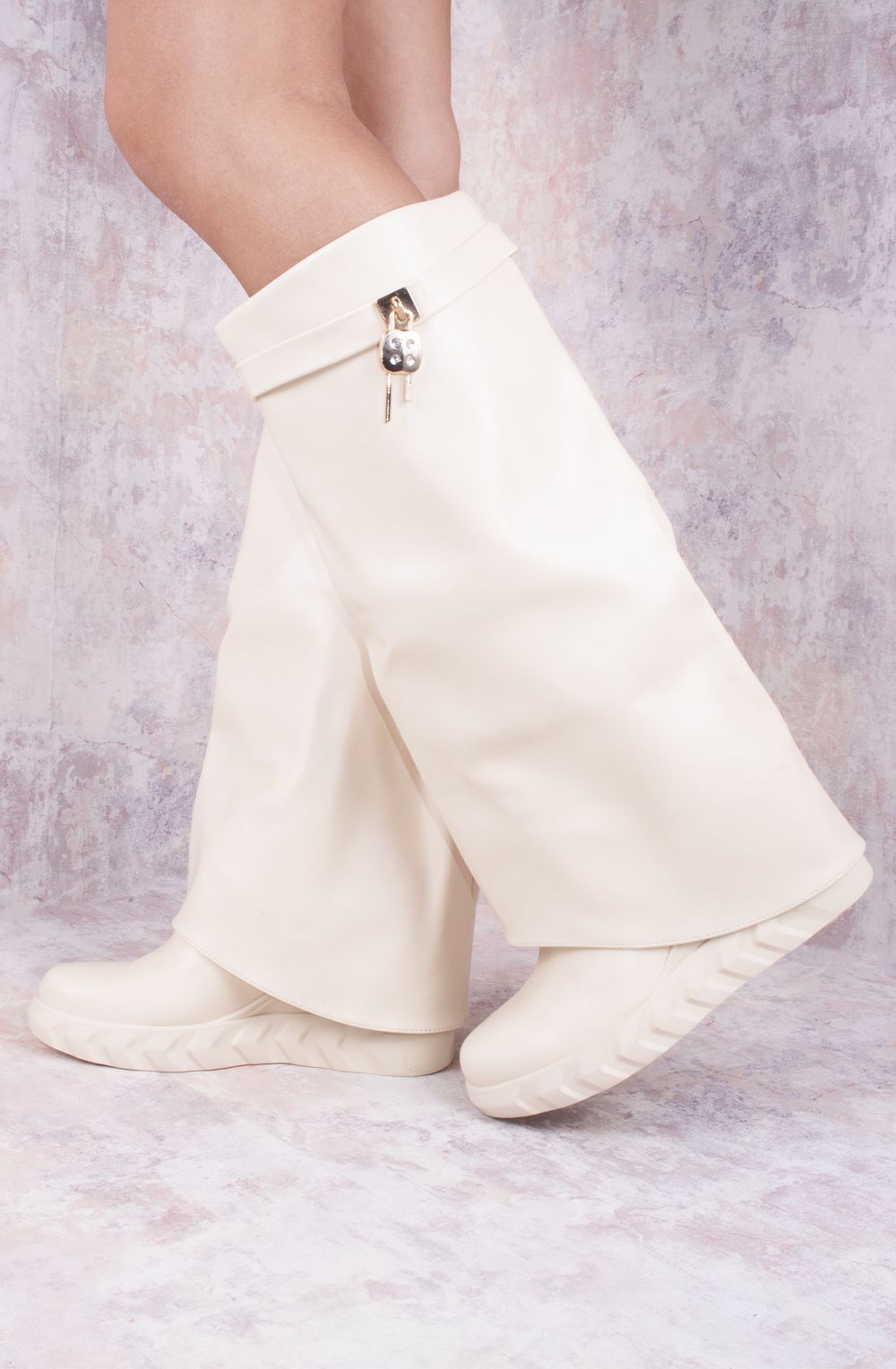 Women's Beige Wedge PU Leather Fold Over Shark Lock Detail Knee High ...
