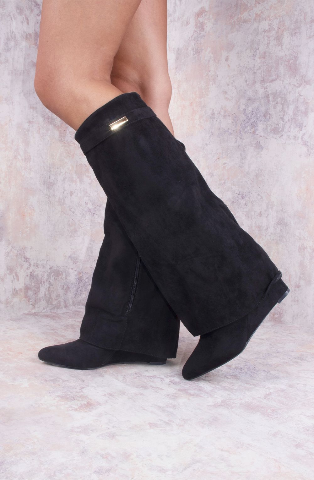 Women's Black Faux Suede Fold Over Shark Classic Wedge Heel Buckle Knee ...
