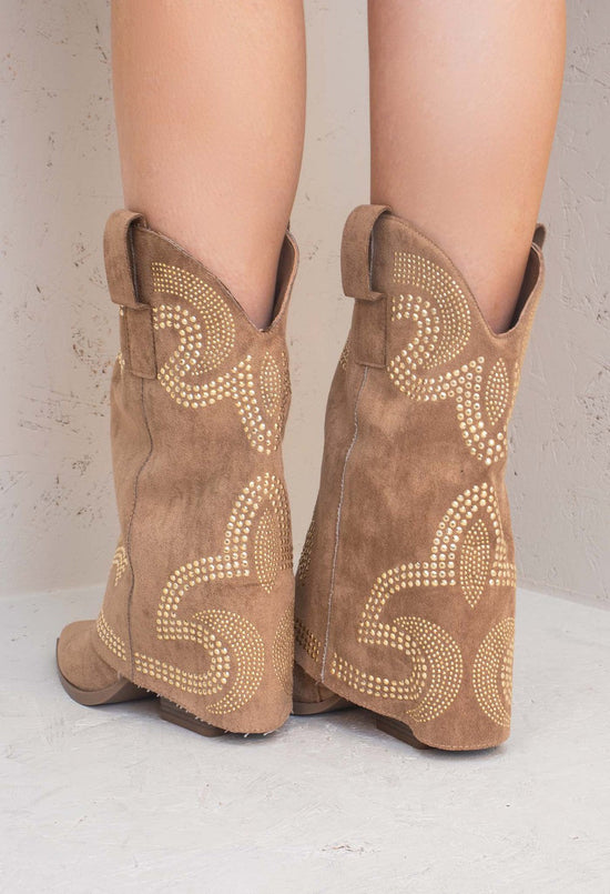 Womens Camel Mid Length Gold Studded Shark Boot – Miss Moda Luxe