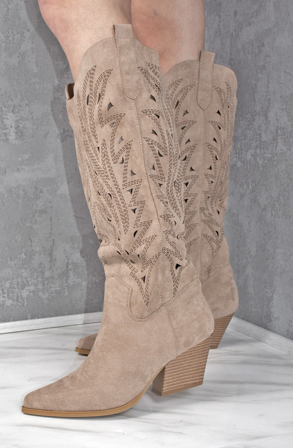 Ladies Curved Heel Taupe Faux Suede Western Style Knee High Cut Out ...
